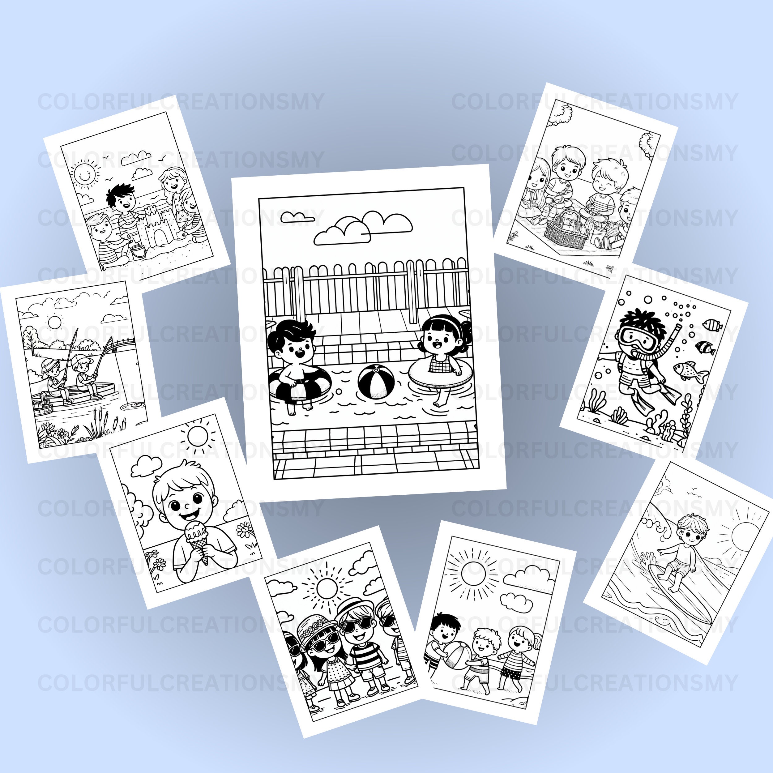 Summer Fun Coloring Pages, 20 Cute Kawaii Beach Kids Coloring Book ...