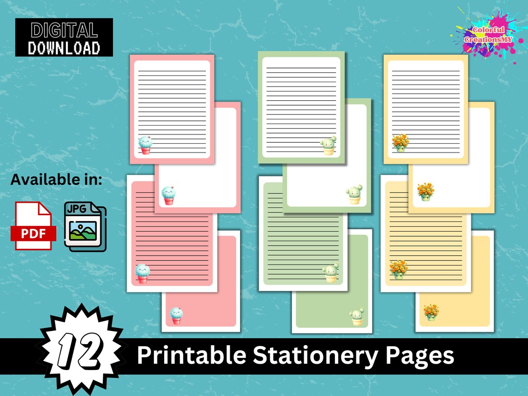 Printable Stationery PDF, Digital Journal Pages, Letter Size Notepaper ...