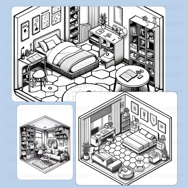 Printable Modern Home Interior Designs Coloring Book - 25 Hexagonal ...