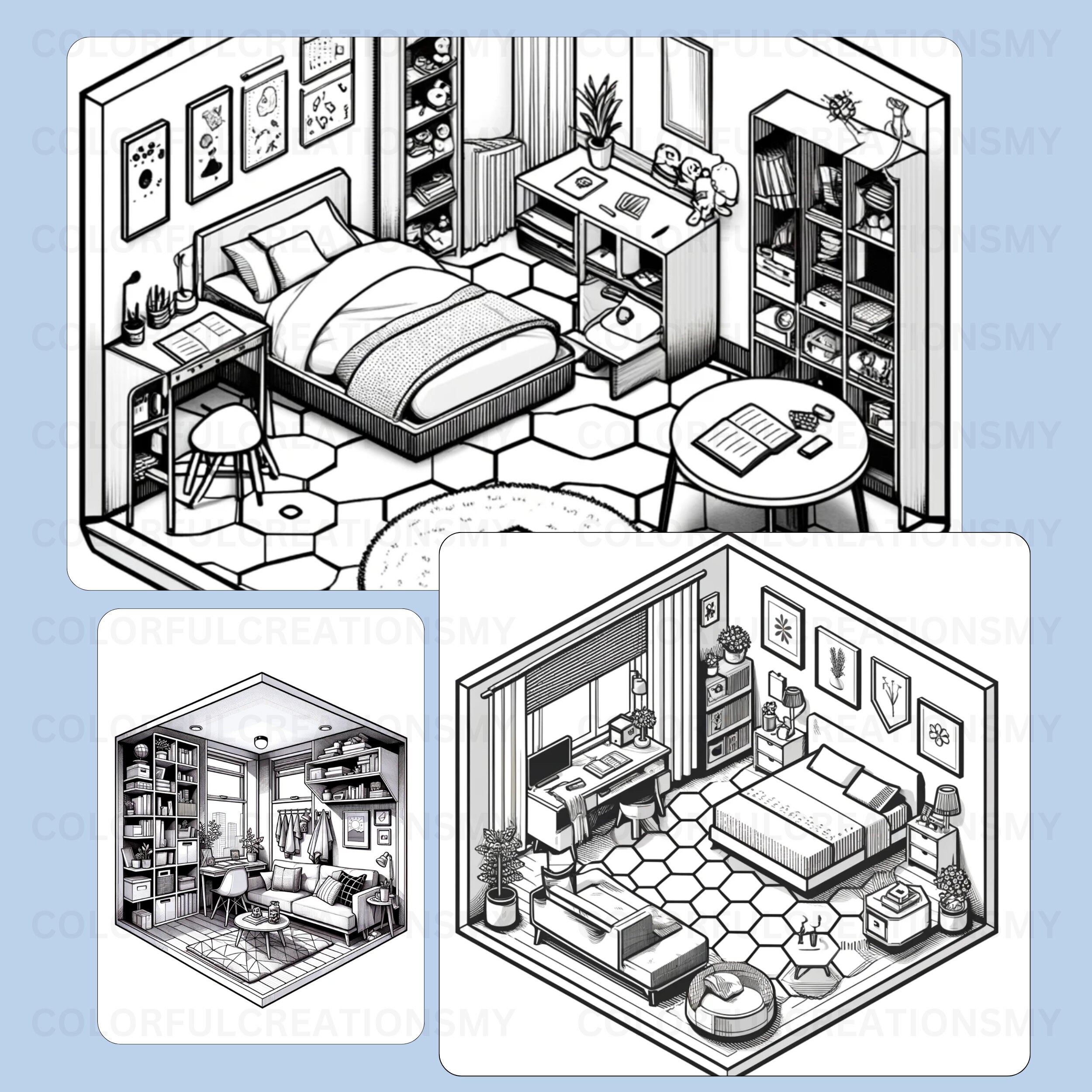 Printable Modern Home Interior Designs Coloring Book 25 Hexagonal ...