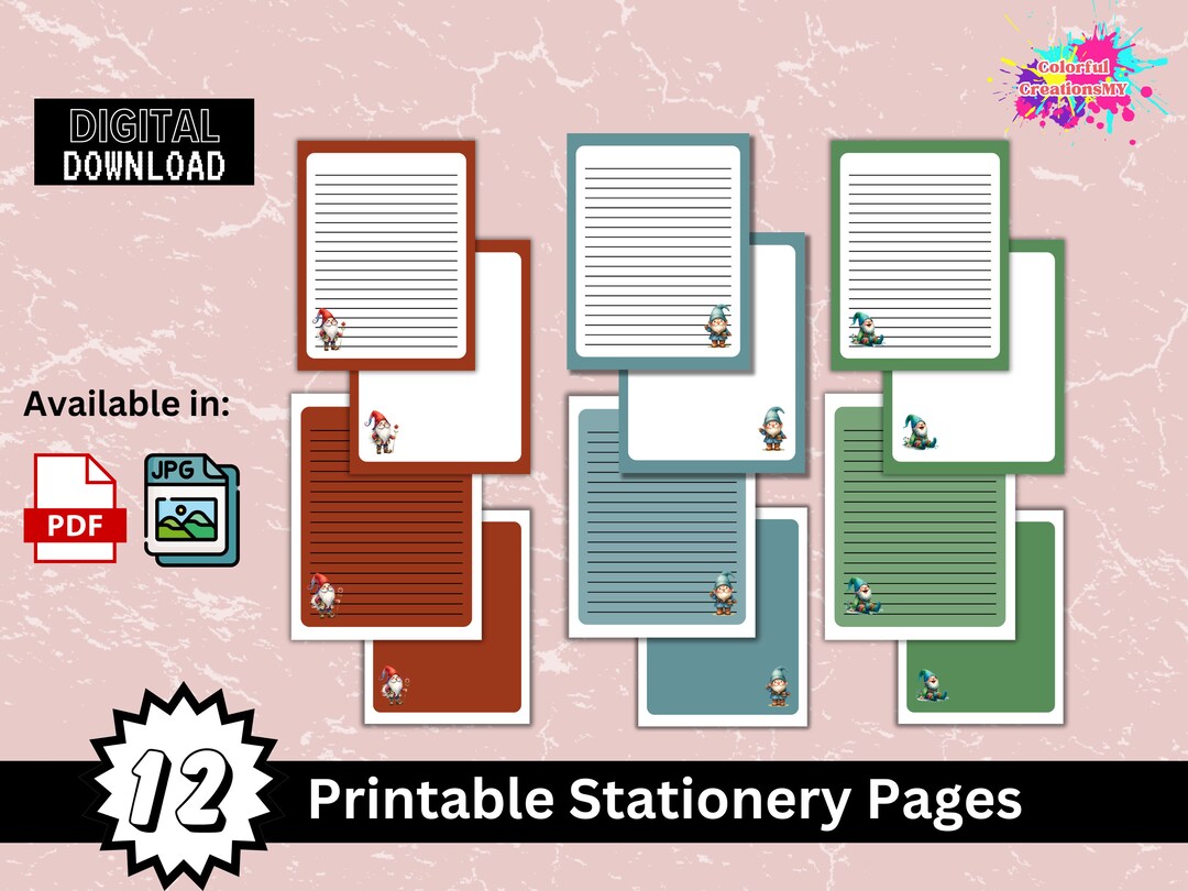 Printable Stationery PDF, Digital Journal Pages, Letter Size 8.5x11, 12 ...