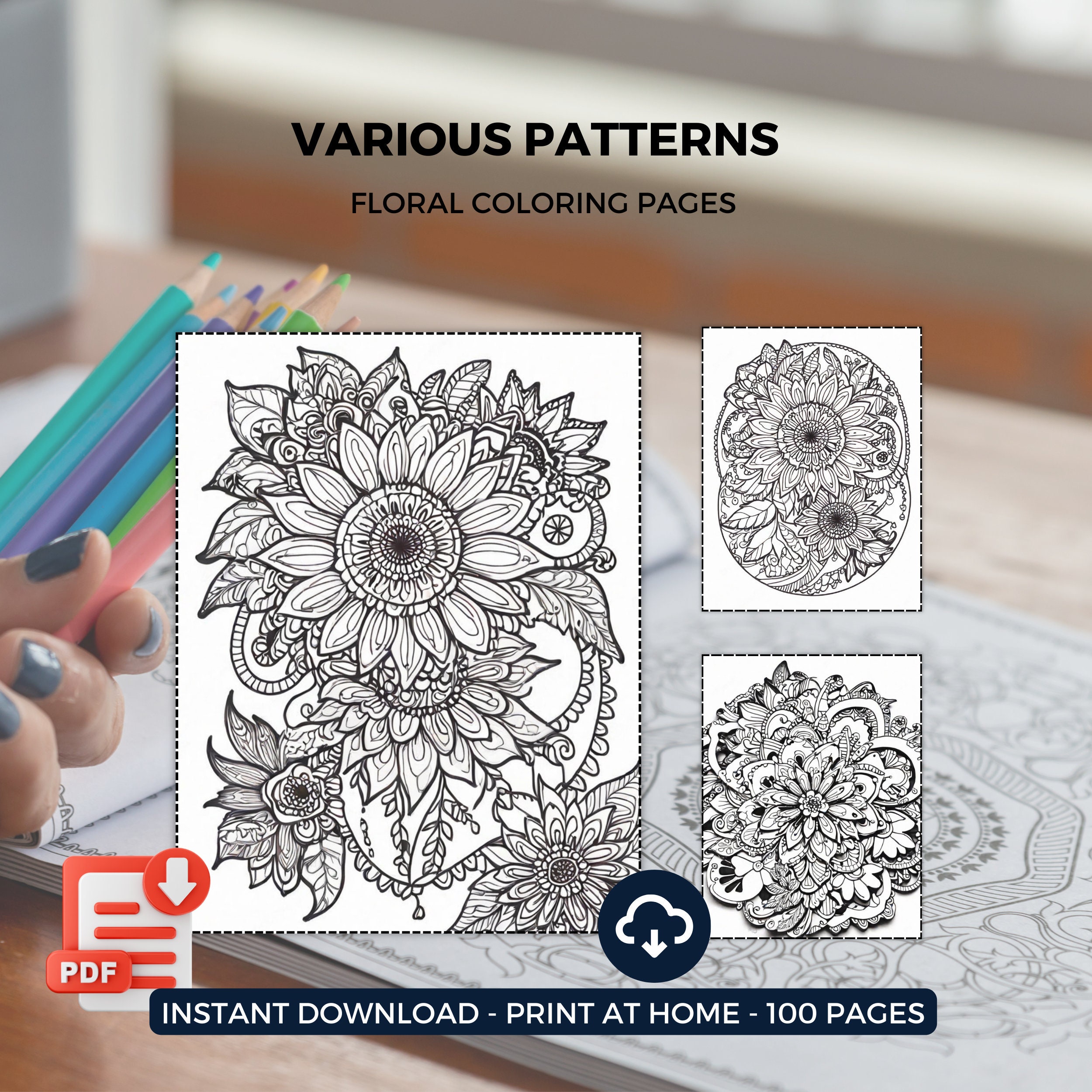 Stress-relief Floral Mandalas Coloring Pages : 100 Unique Pages for Art ...