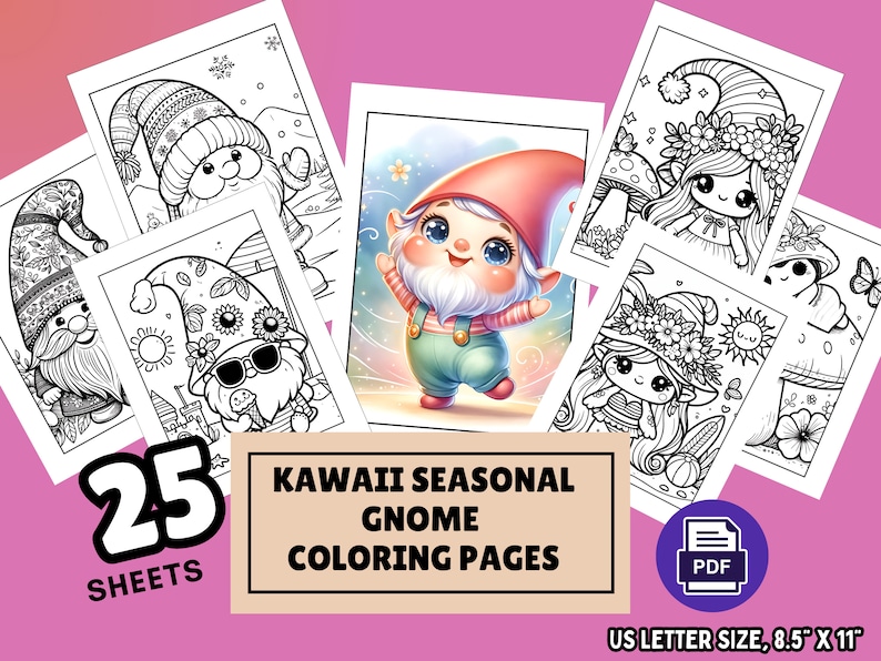 Kawaii Seasonal Gnome Coloring Pages, PDF Coloring Pages for Kids, 25 ...