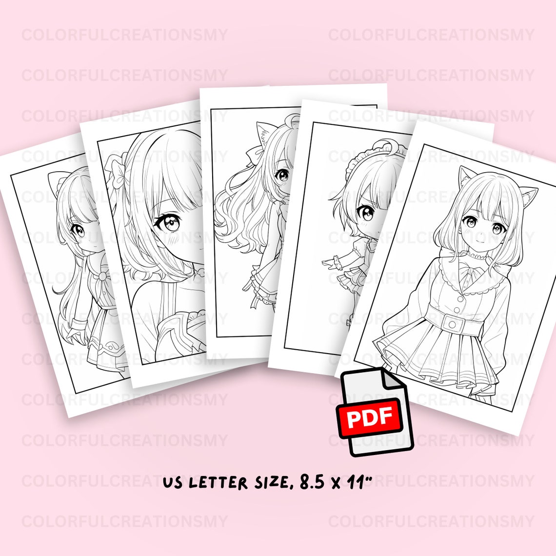 Kawaii Anime Girl Coloring Pages for Kids 5-8 Years Old, 30 Adorable ...