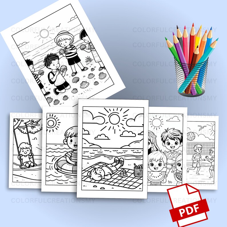 Summer Fun Coloring Pages, 20 Cute Kawaii Beach Kids Coloring Book ...