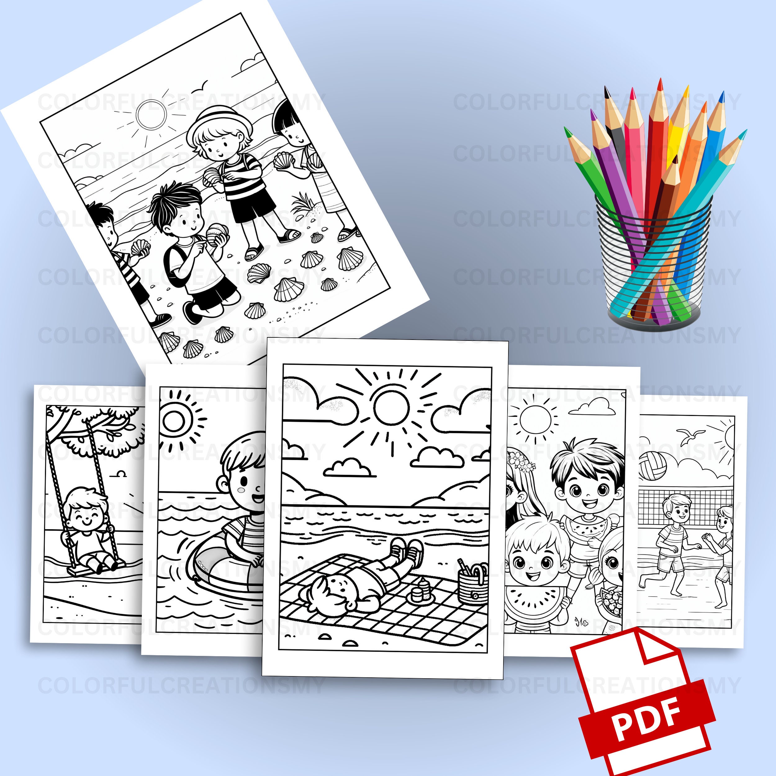 Summer Fun Coloring Pages, 20 Cute Kawaii Beach Kids Coloring Book ...