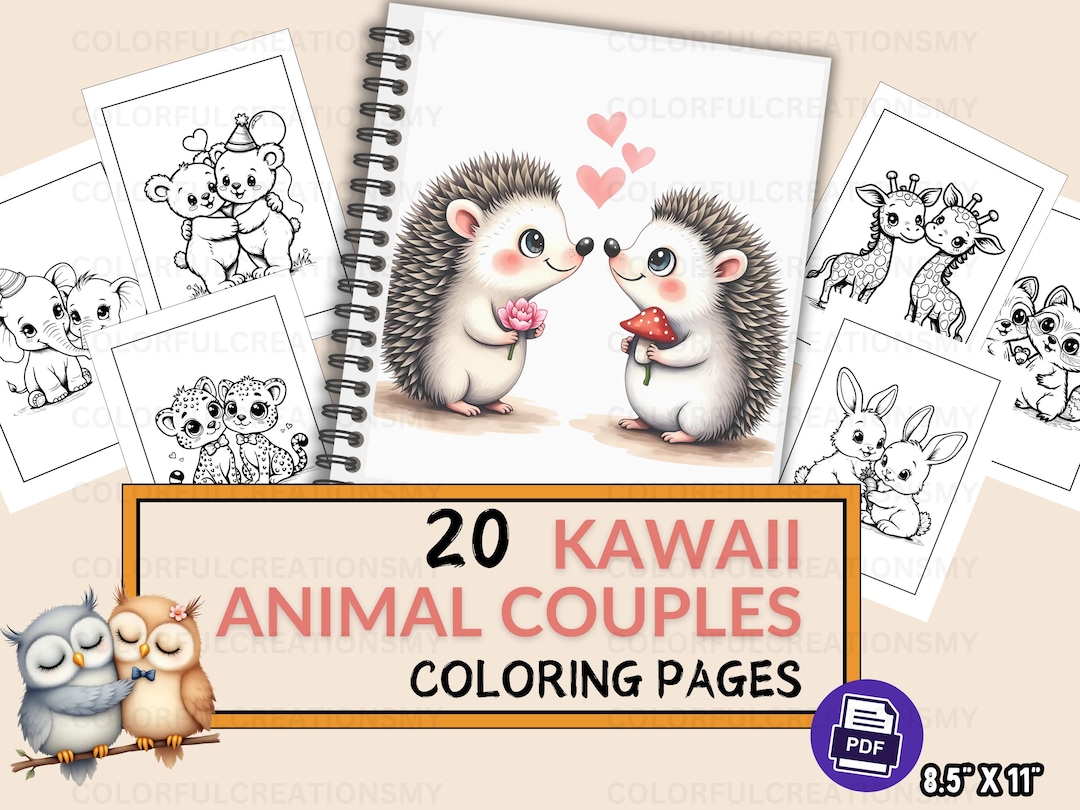 20 Kawaii Animal Couple Coloring Pages for Kids, Fun Coloring, PDF ...