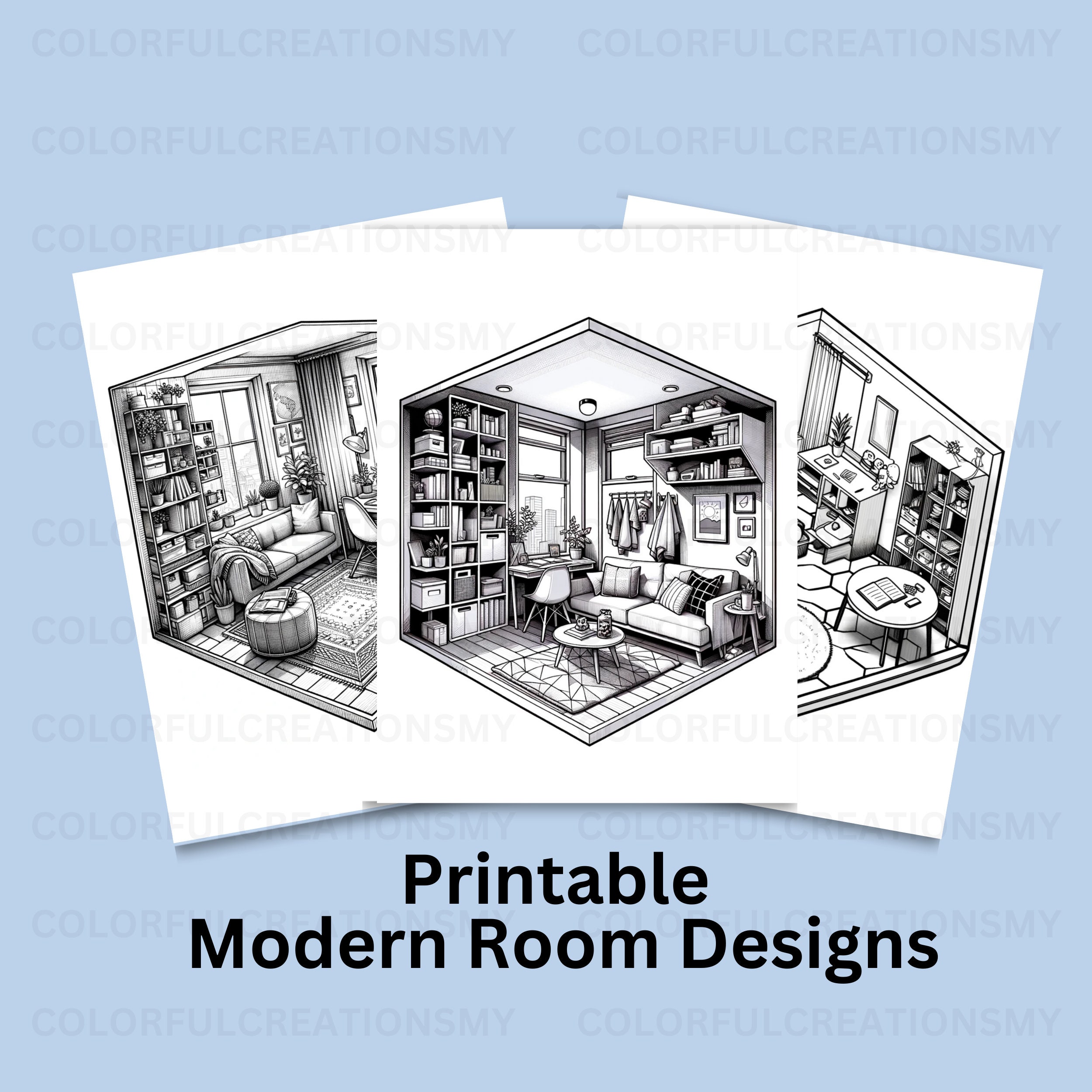 Printable Modern Home Interior Designs Coloring Book - 25 Hexagonal ...