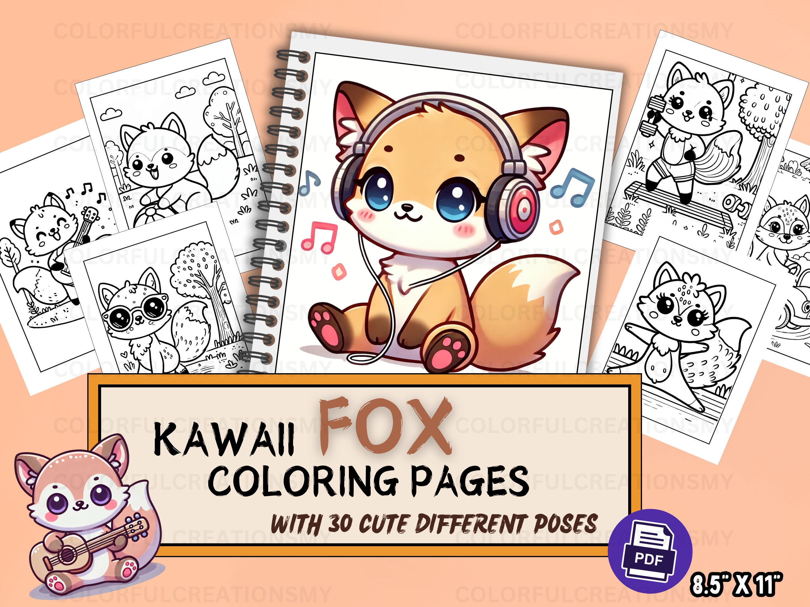 Kawaii Fox Coloring Pages for Kids 5-8 Years Old, 30 Fun and Adorable ...