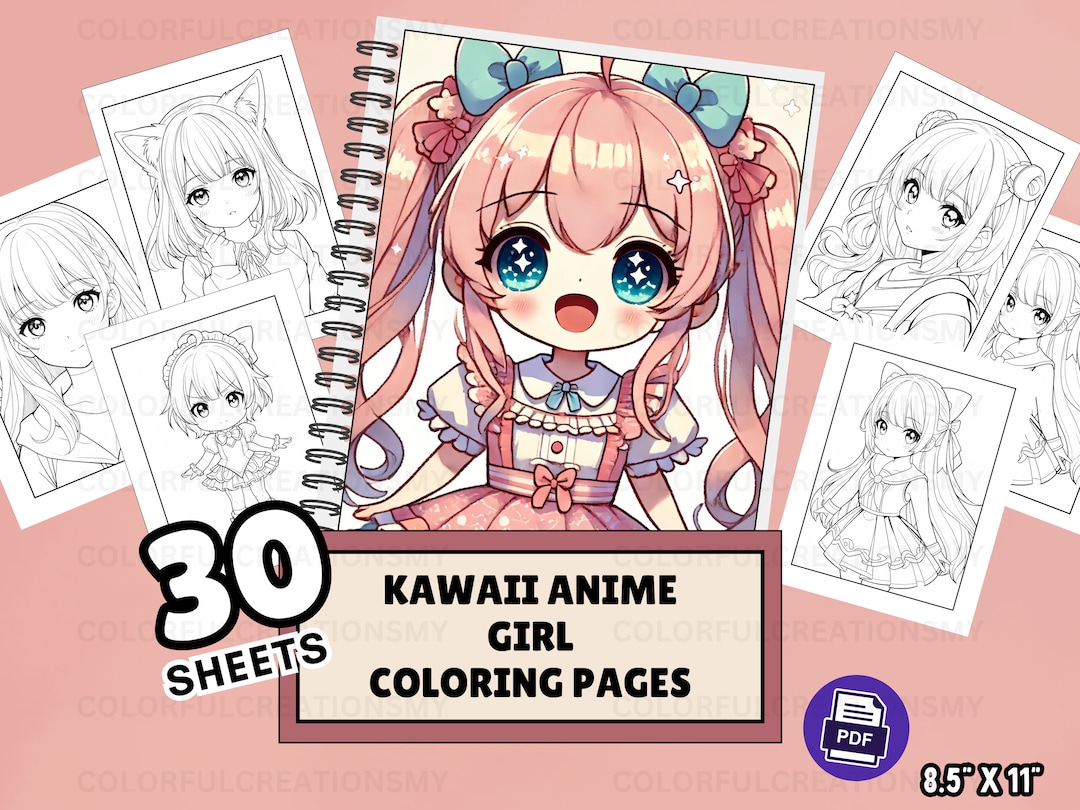 Kawaii Anime Girl Coloring Pages for Kids 5-8 Years Old, 30 Adorable ...