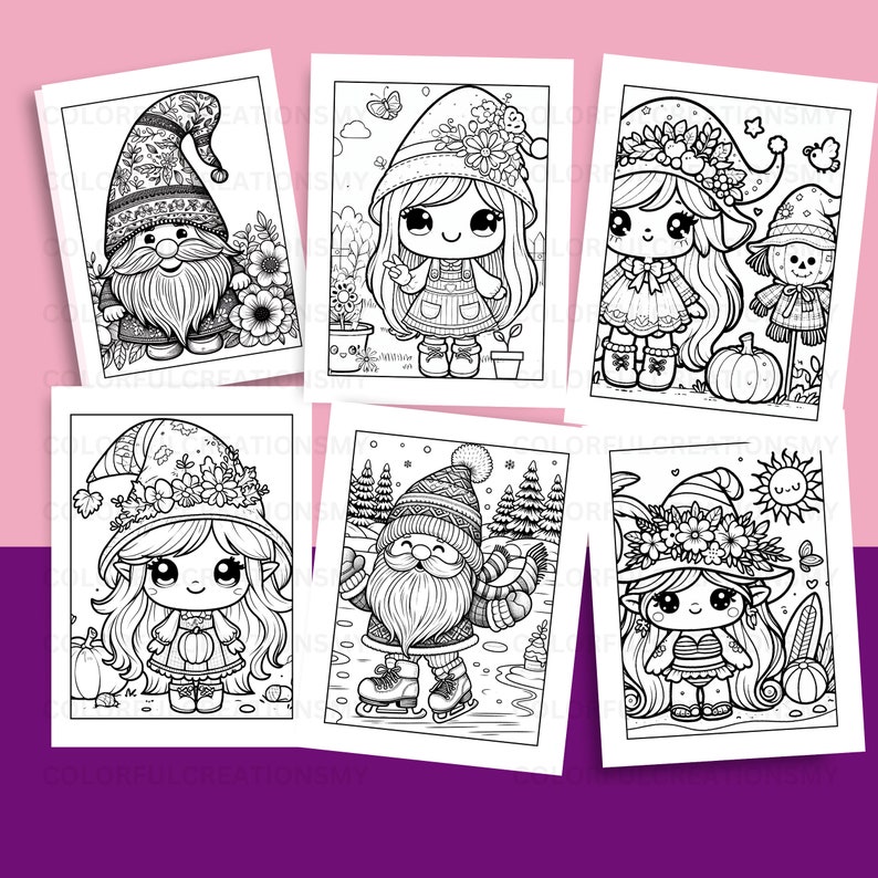 Kawaii Seasonal Gnome Coloring Pages, PDF Coloring Pages for Kids, 25 ...