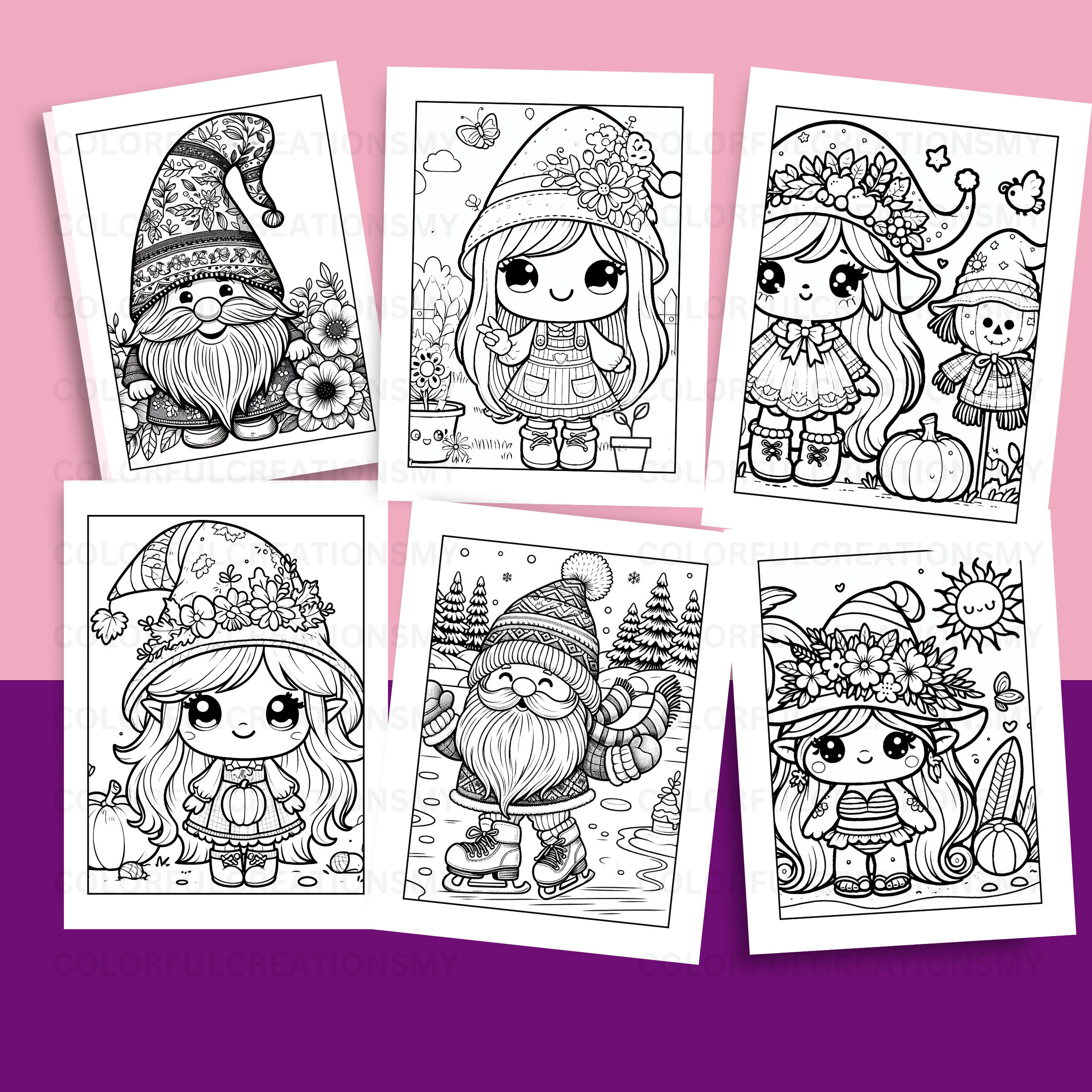 Kawaii Seasonal Gnome Coloring Pages, PDF Coloring Pages for Kids, 25 ...