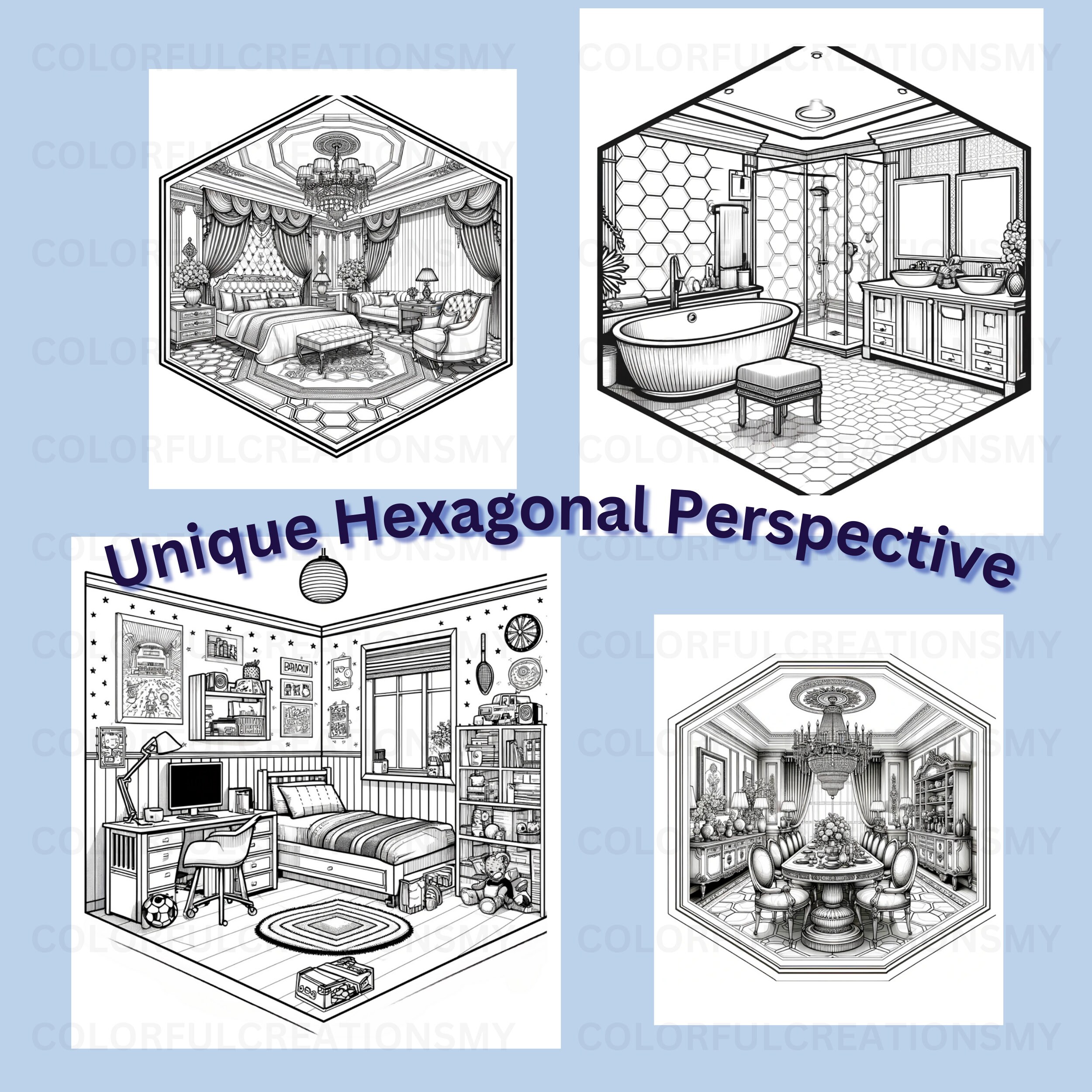 Printable Modern Home Interior Designs Coloring Book 25 Hexagonal ...