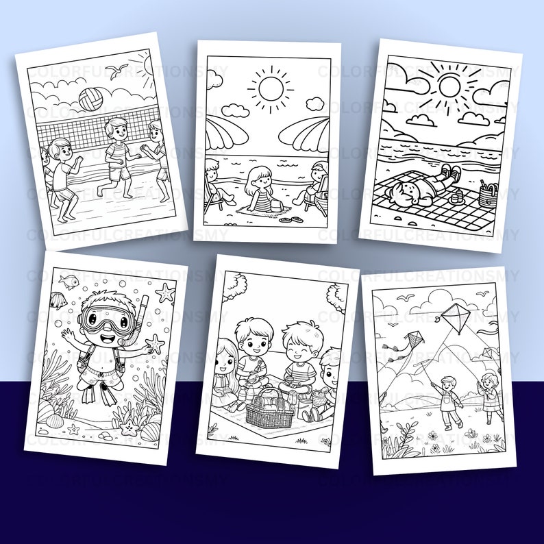 Summer Fun Coloring Pages, 20 Cute Kawaii Beach Kids Coloring Book ...
