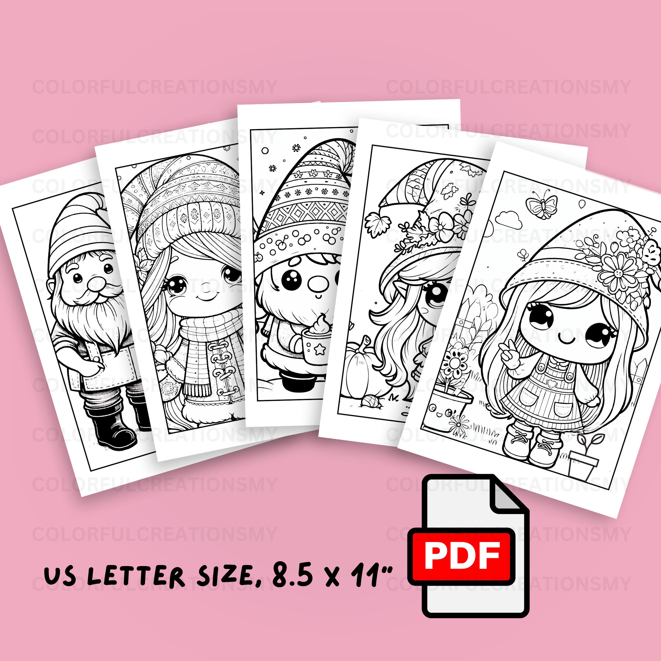 Kawaii Seasonal Gnome Coloring Pages, PDF Coloring Pages for Kids, 25 ...