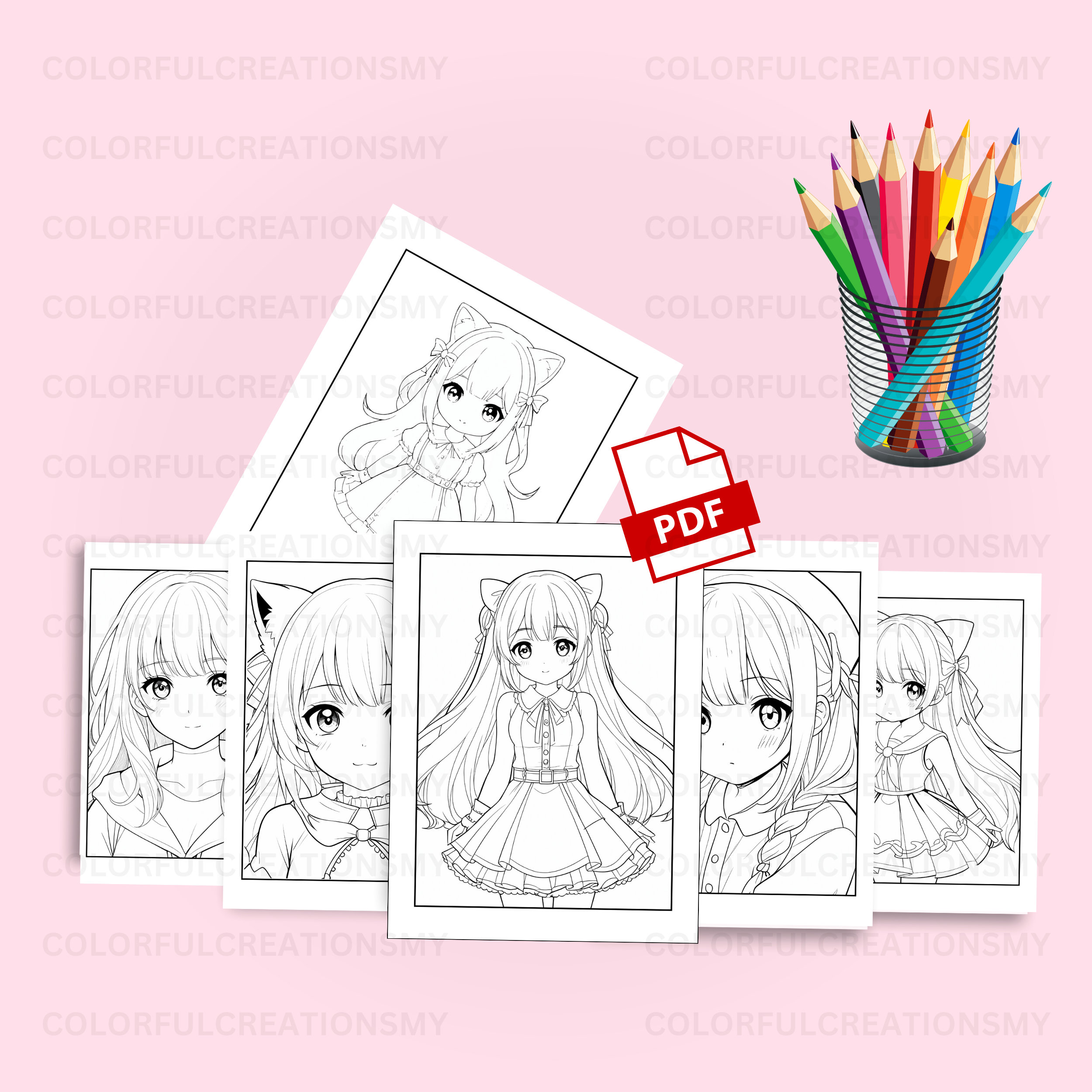 Kawaii Anime Girl Coloring Pages for Kids 5-8 Years Old, 30 Adorable ...