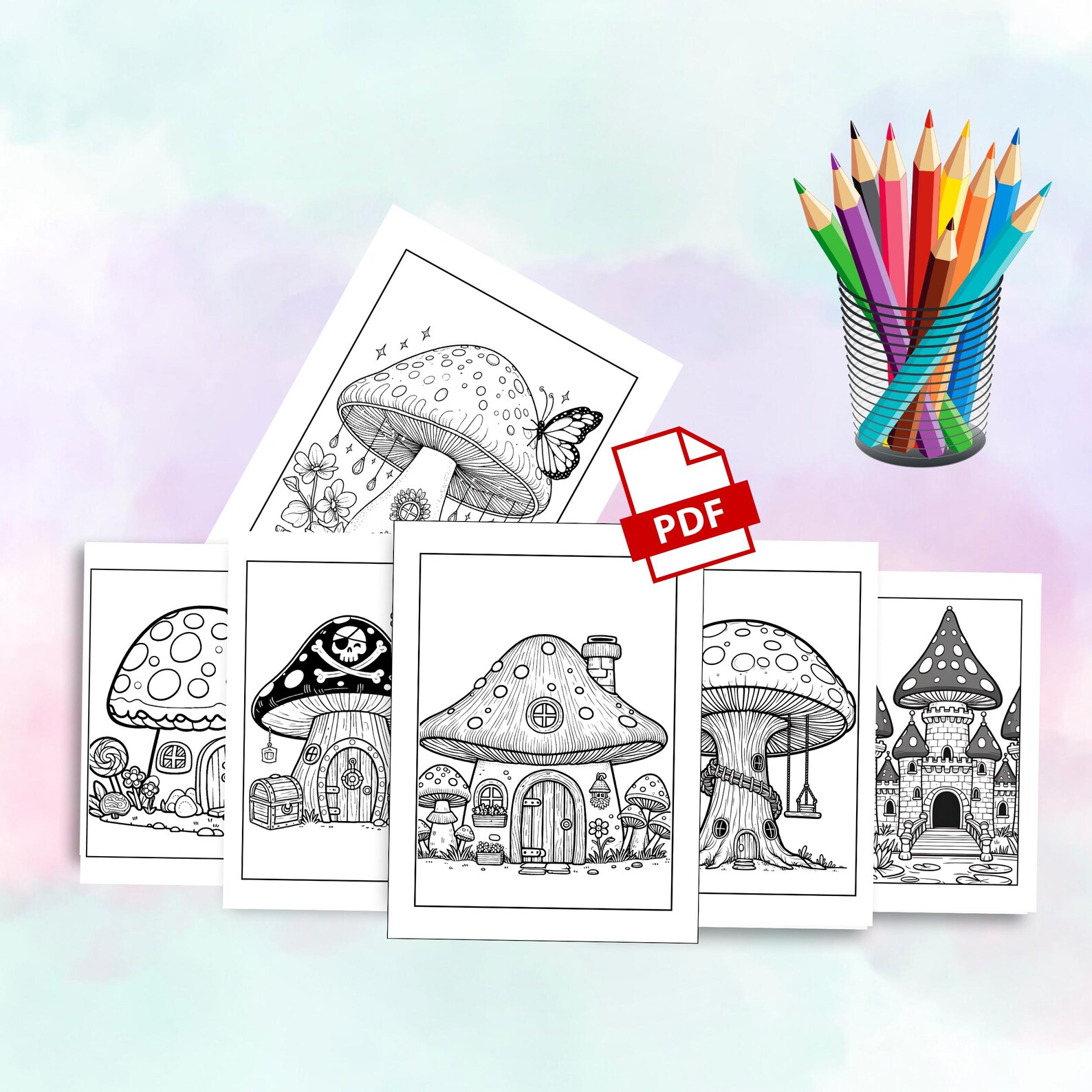 Fairy Tale Mushroom House Coloring Pages for Children Ages 5-8, 25 PDF ...