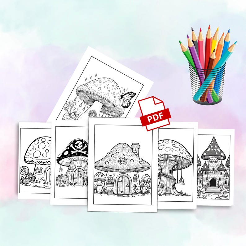 Fairy Tale Mushroom House Coloring Pages for Children Ages 5-8, 25 PDF ...
