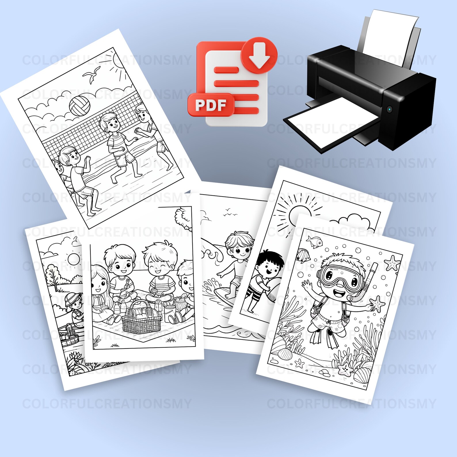 Summer Fun Coloring Pages, 20 Cute Kawaii Beach Kids Coloring Book ...