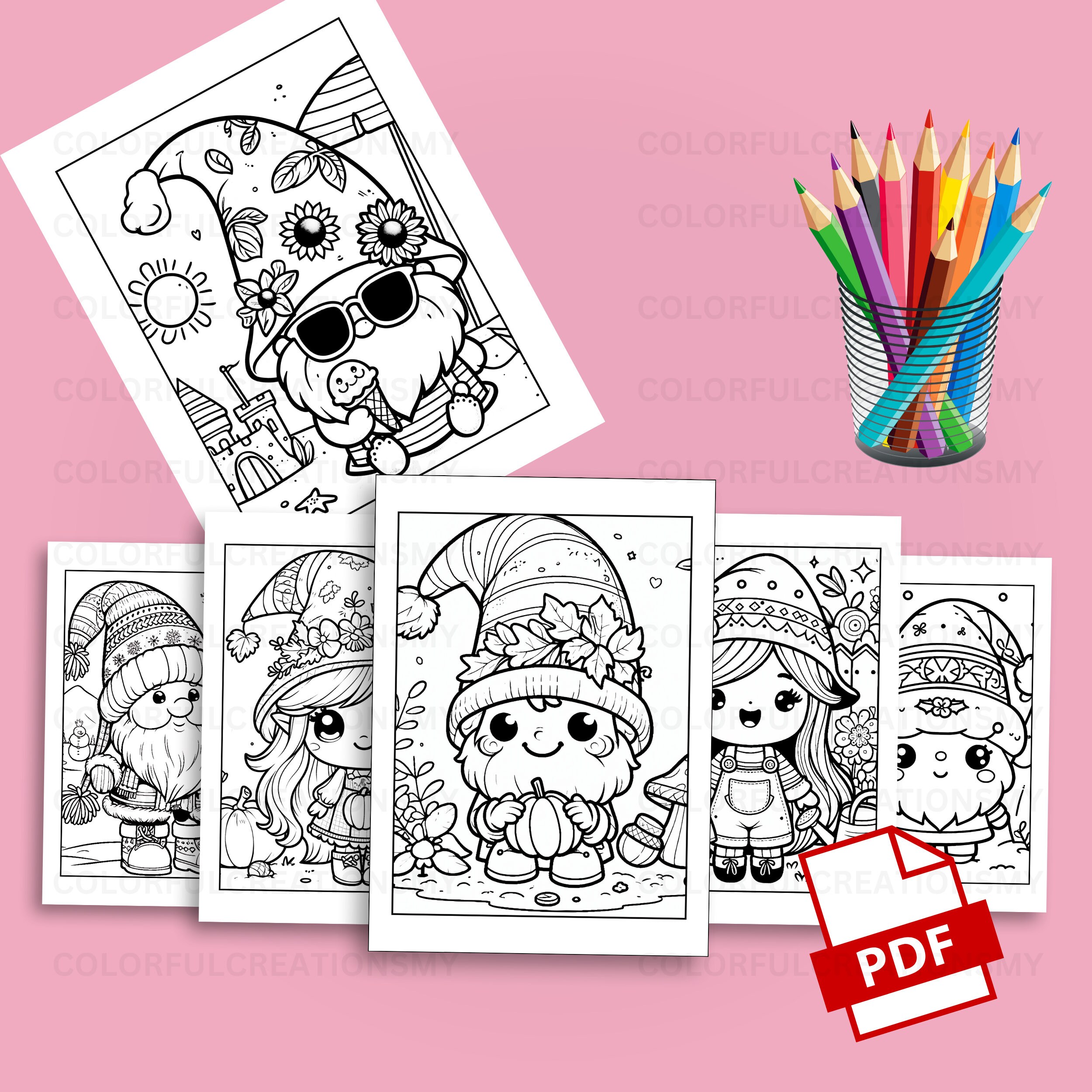 Kawaii Seasonal Gnome Coloring Pages, PDF Coloring Pages for Kids, 25 ...