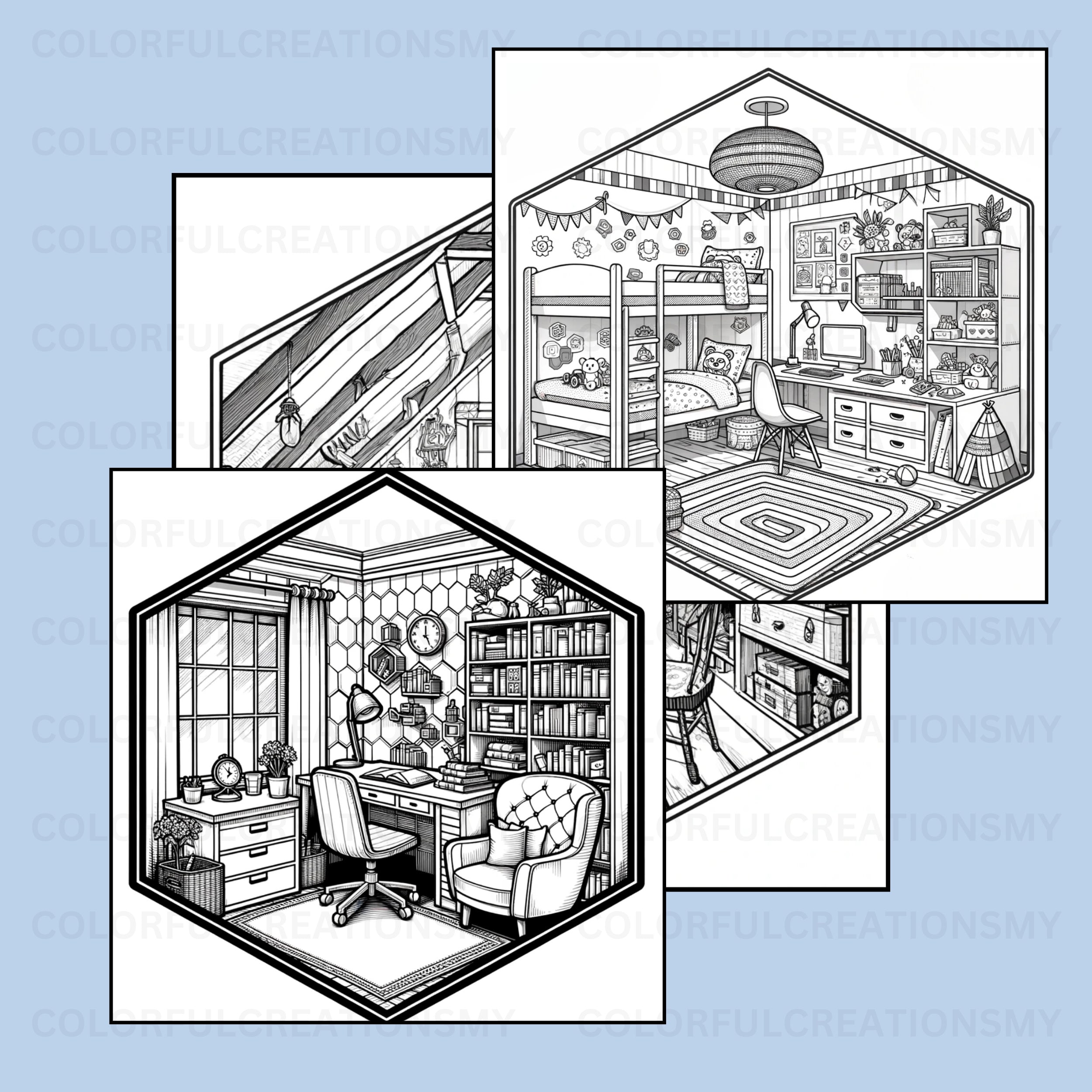 Printable Modern Home Interior Designs Coloring Book 25 Hexagonal ...