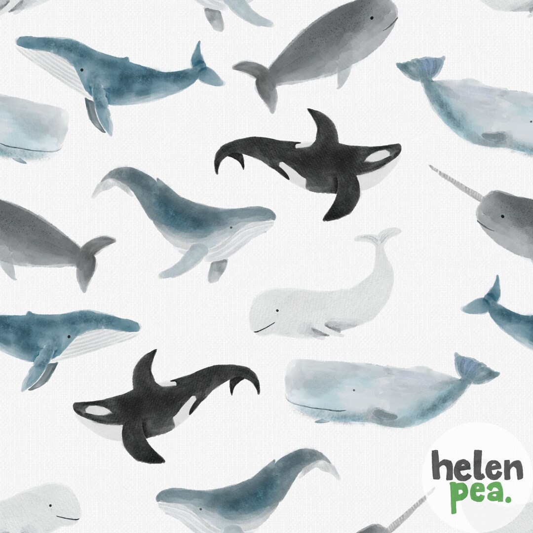 Watercolour Whales Seamless Fabric Design Linen Look Background Ocean ...