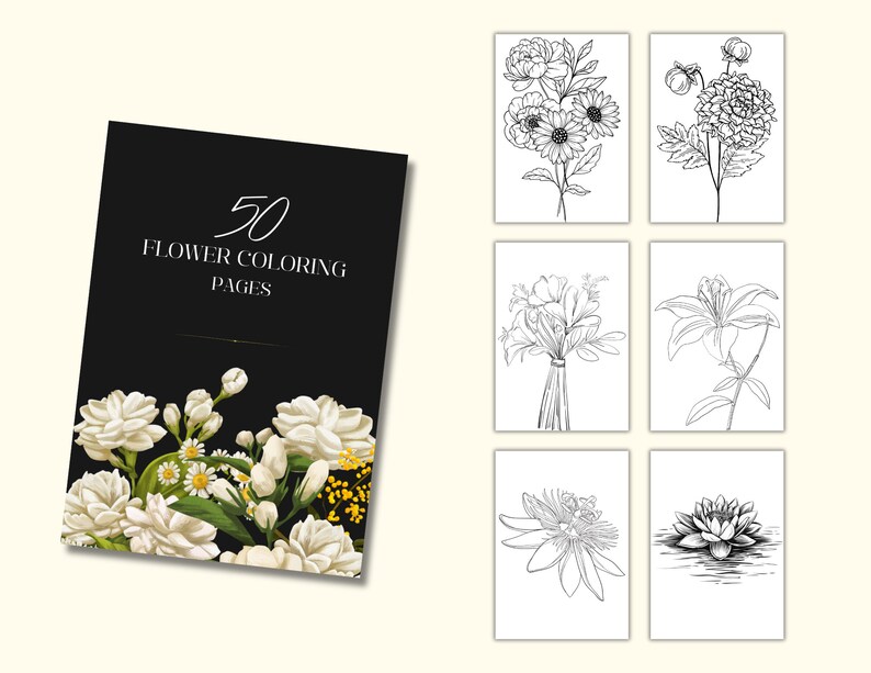 50 Flower Coloring Pages. Coloring Book Including Many Types of Flowers ...
