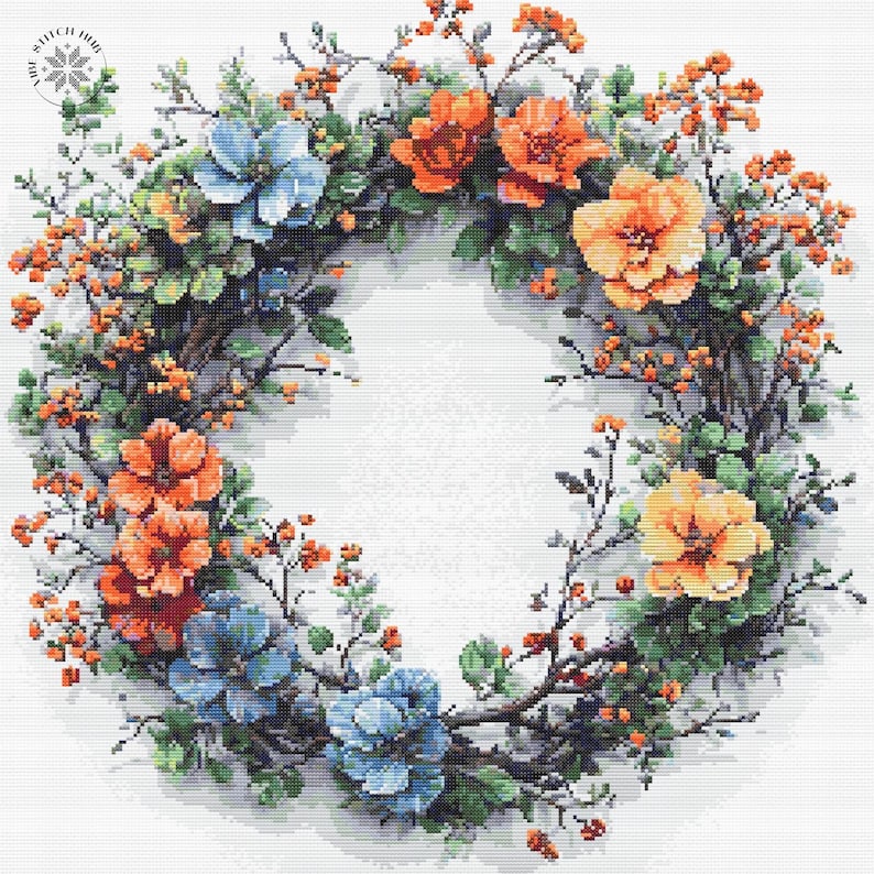 Circular Wreath Cross Stitch Pattern Embroidery, Floral Cross Stitch ...