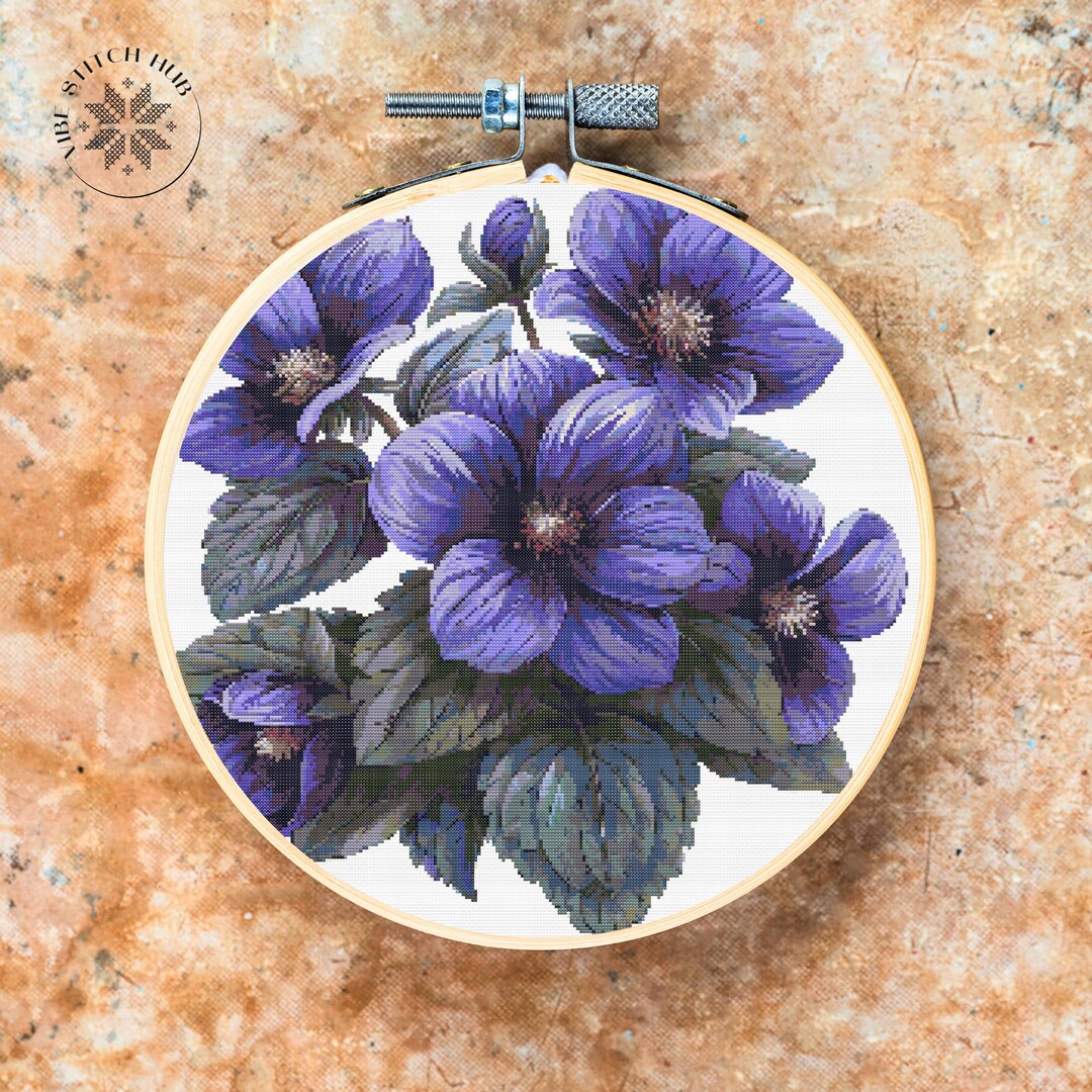 Violet Dark Purple Cross Stitch Pattern PDF, Easy Floral Embroidery ...