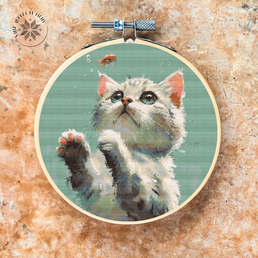 Easy Cat Small Fish Cross Stitch Pattern - Beginners Embroidery PDF ...