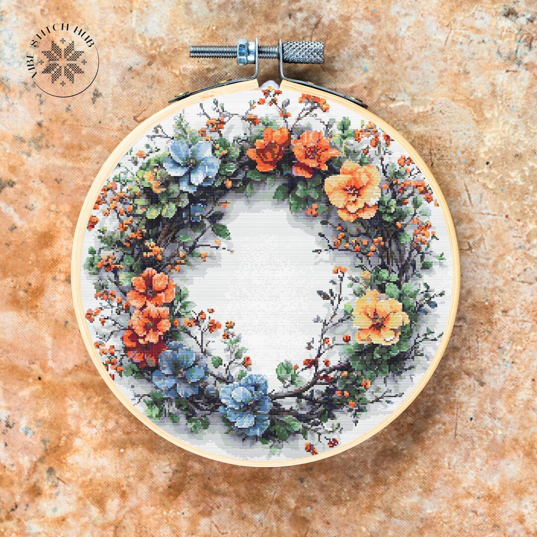 Circular Wreath Cross Stitch Pattern Embroidery, Floral Cross Stitch ...