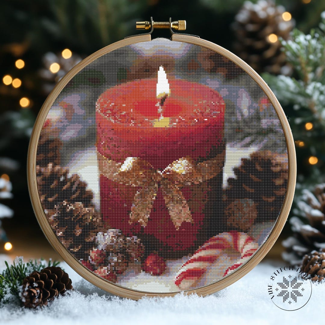 A Red Candle Cross Stitch Pattern Embroidery, Floral Cross Stitch ...