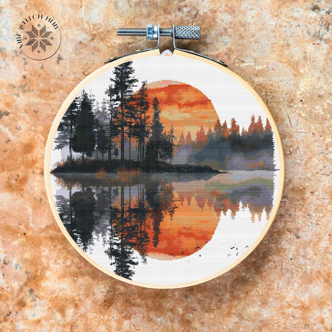 Small Lake Reflection Cross Stitch Pattern Embroidery Floral Cross ...