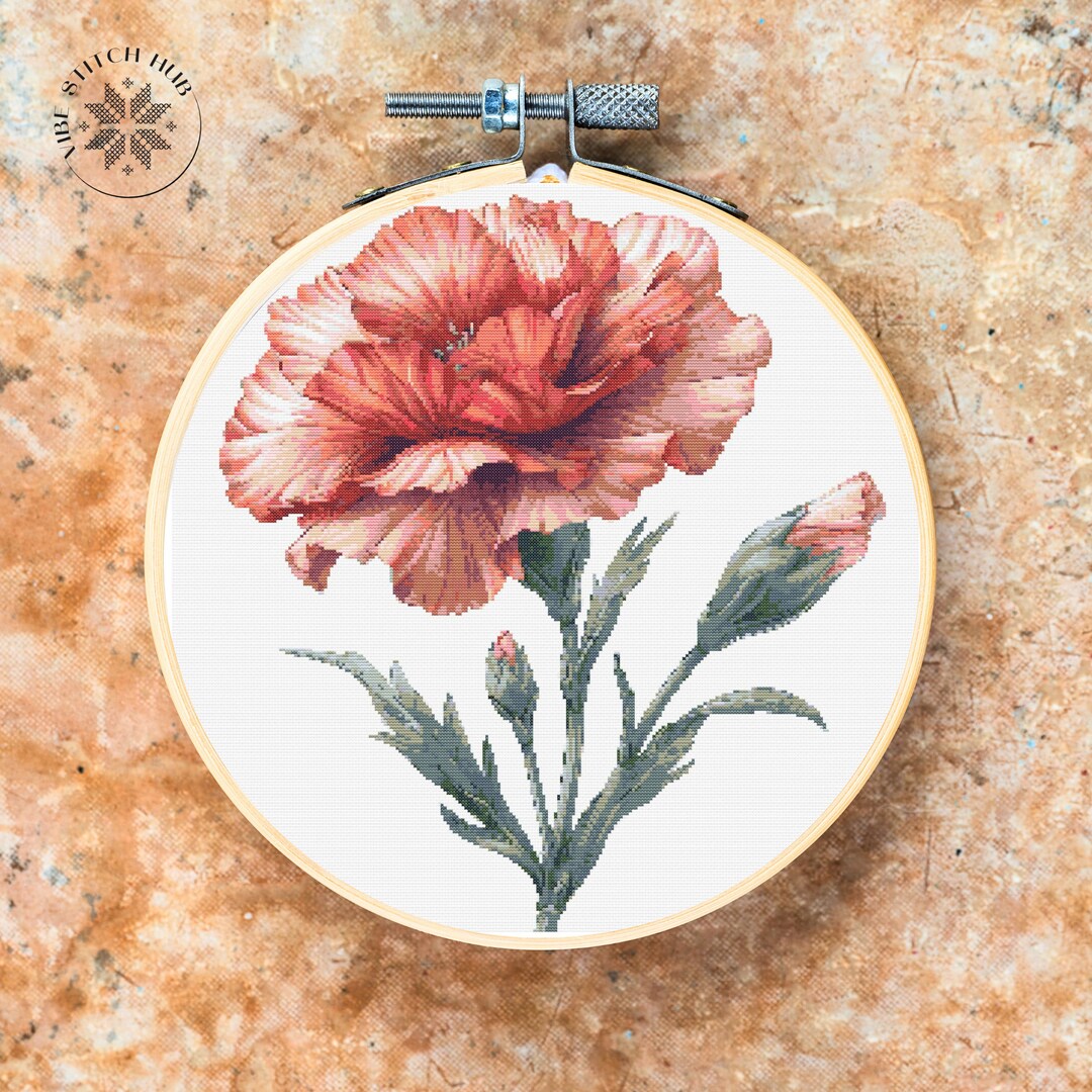 Carnation Red Cross Stitch Pattern Embroidery, Floral Cross Stitch ...