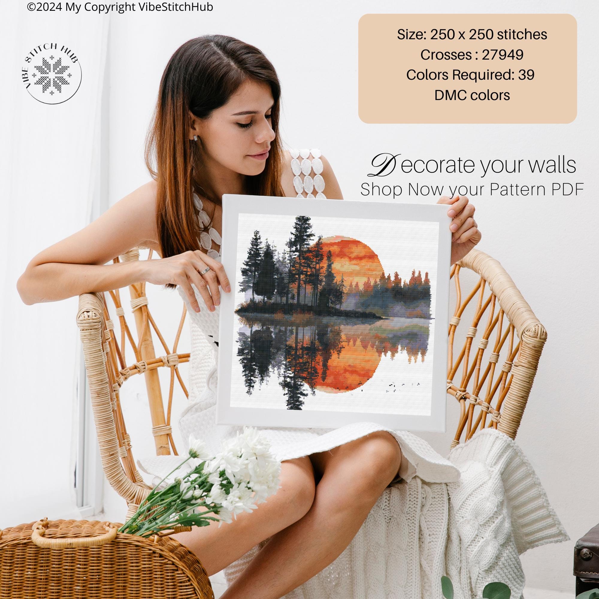 Small Lake Reflection Cross Stitch Pattern Embroidery Floral Cross ...