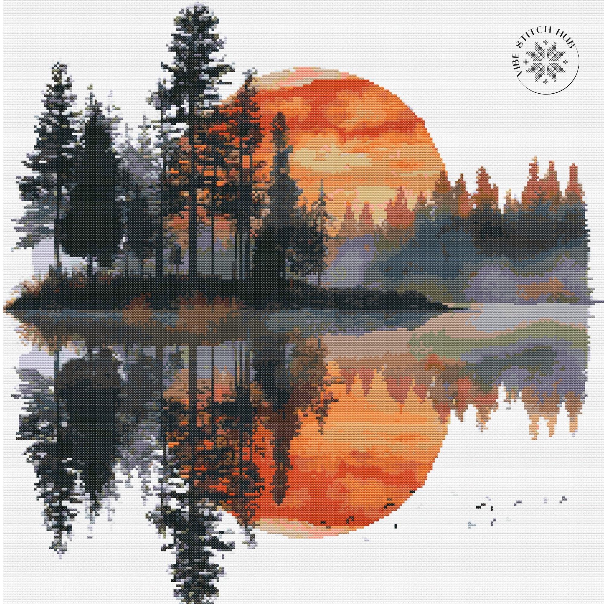 Small Lake Reflection Cross Stitch Pattern Embroidery Floral Cross ...