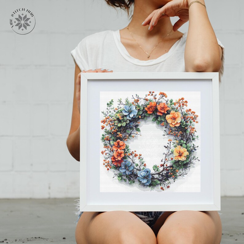 Circular Wreath Cross Stitch Pattern Embroidery, Floral Cross Stitch ...