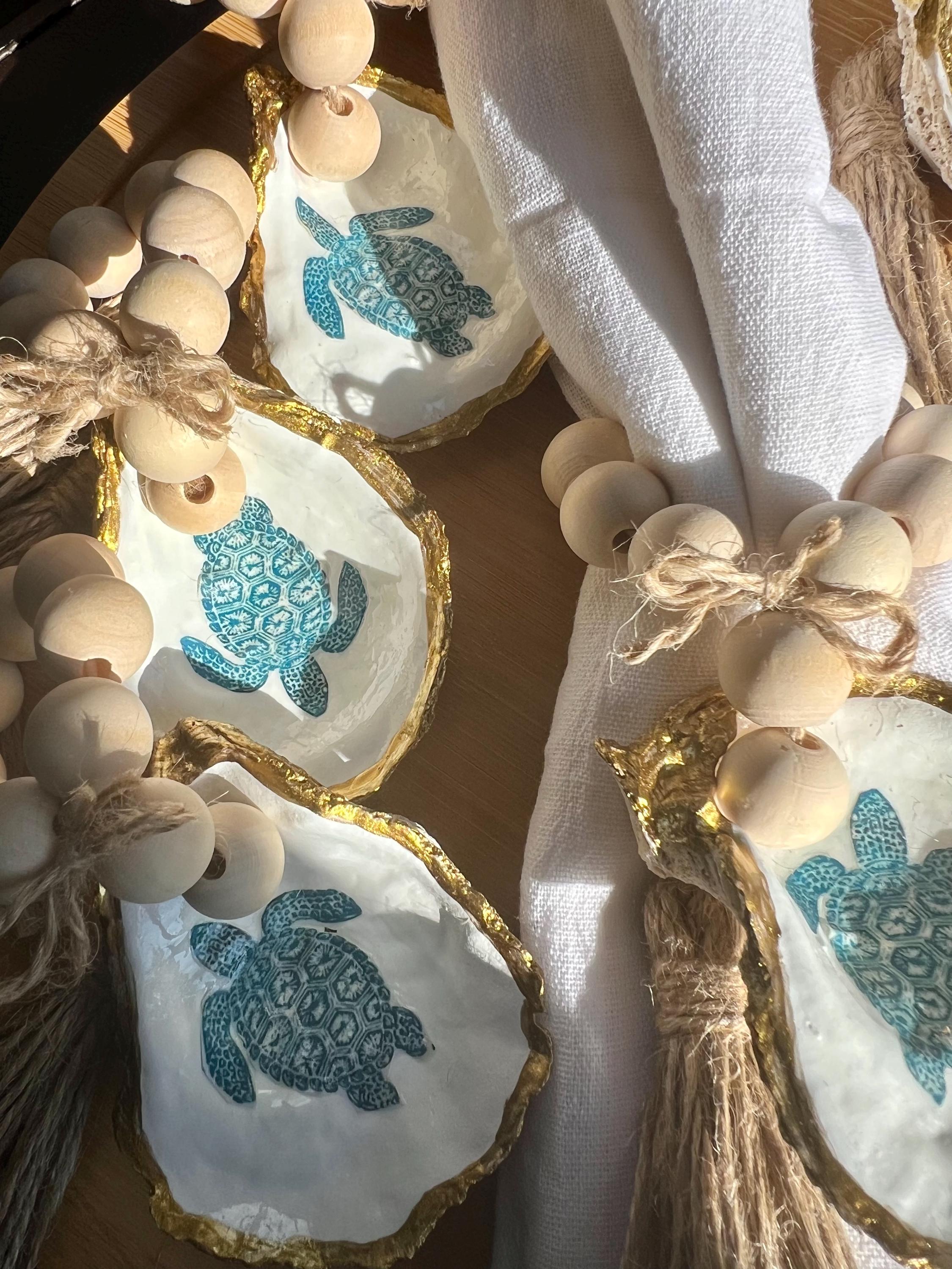 Turtle Blue and Gold Decor Beaded Shell Napkin Rings Set of 4 Table ...