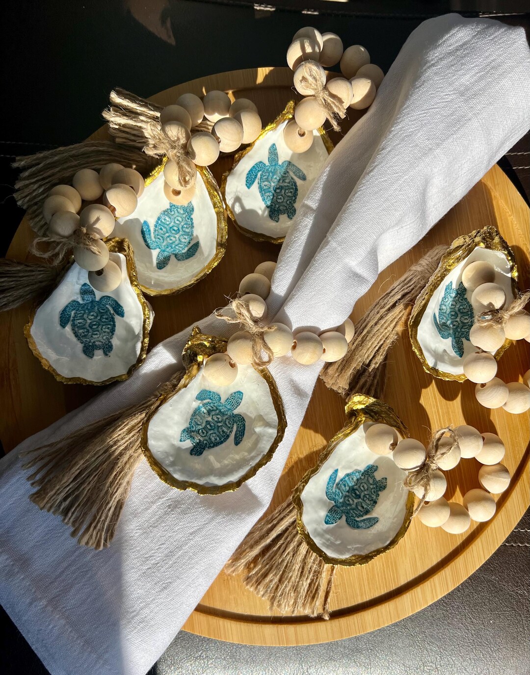 Turtle Blue and Gold Decor Beaded Shell Napkin Rings Set of 4 Table ...