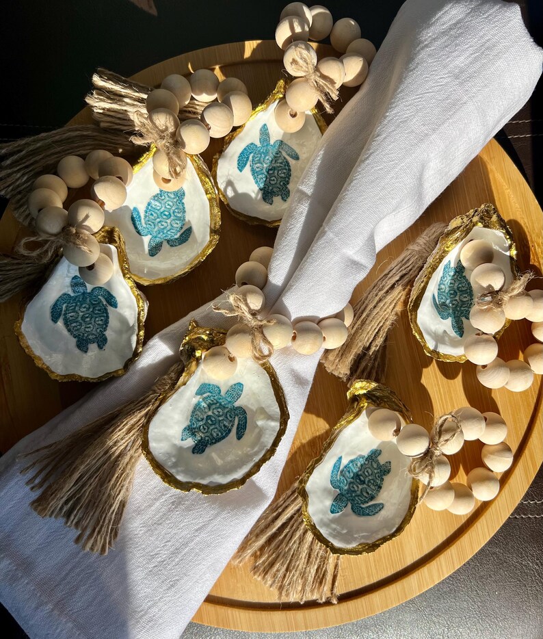 Turtle Blue and Gold Decor Beaded Shell Napkin Rings Set of 4 Table ...