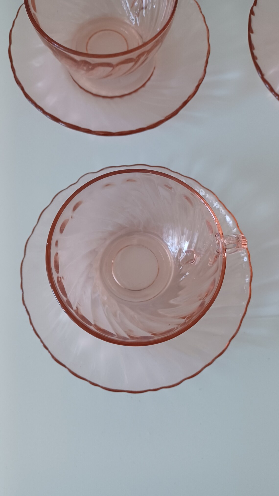 Vintage Arcoroc Pink Depression Glass Teacup Saucer Set of 4 Swirl ...