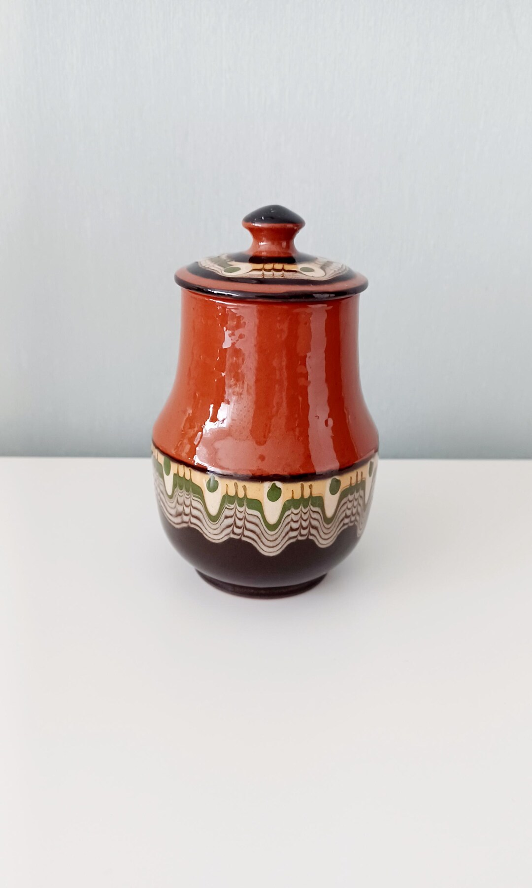Vintage 1960s Bulgarian Troyan Redware Pottery Jar With Lid - Peacock ...