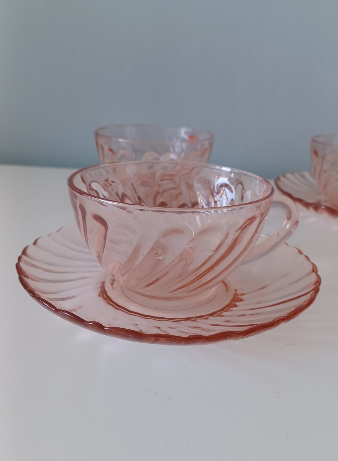 Vintage Arcoroc Pink Depression Glass Teacup Saucer Set of 4 Swirl ...