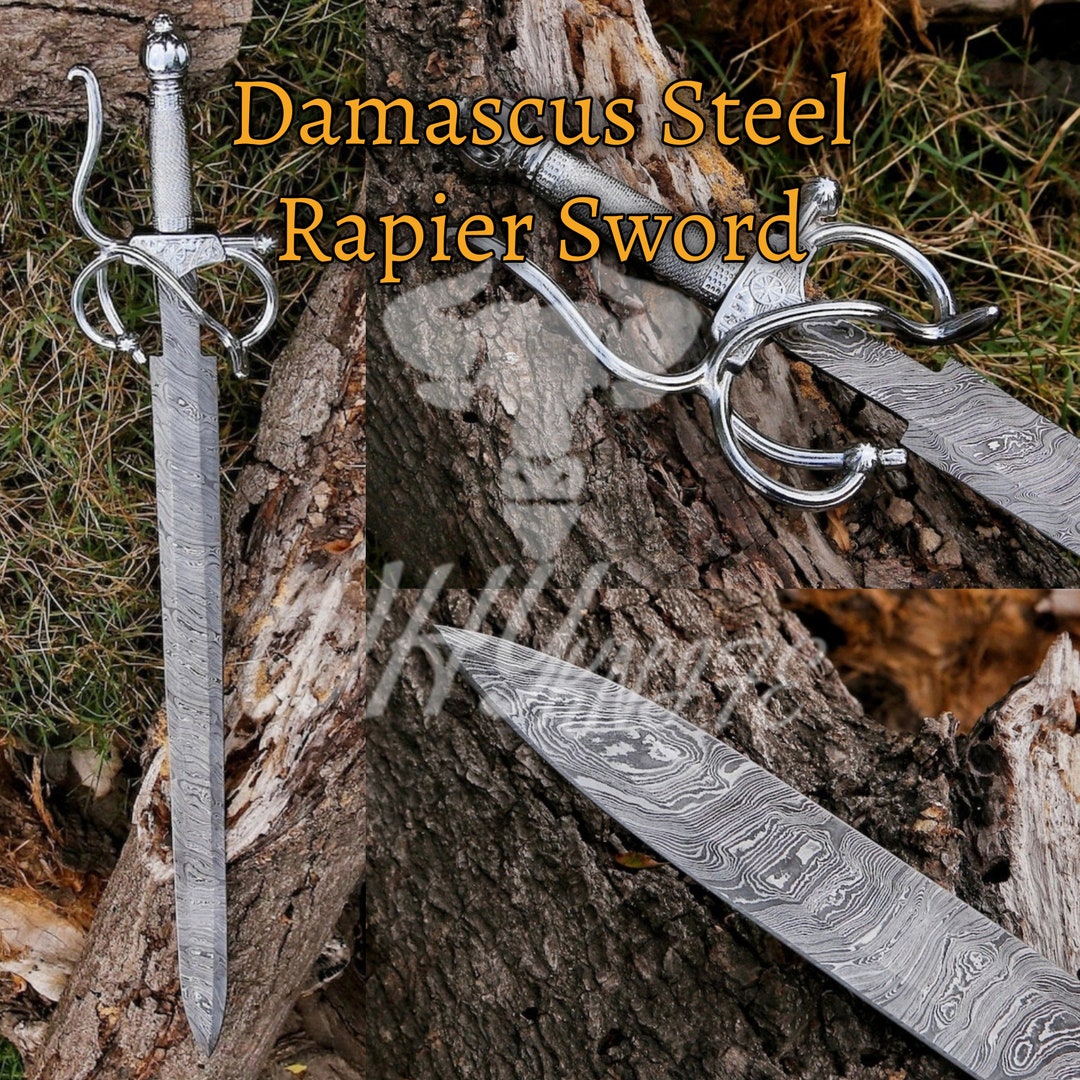 Hand Forged Damascus Steel Rapier Sword With Leather Sheath, Medieval ...