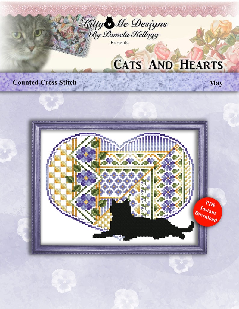 Cats and Hearts Cross Stitch Pattern: Purple Violets (digital PDF ...