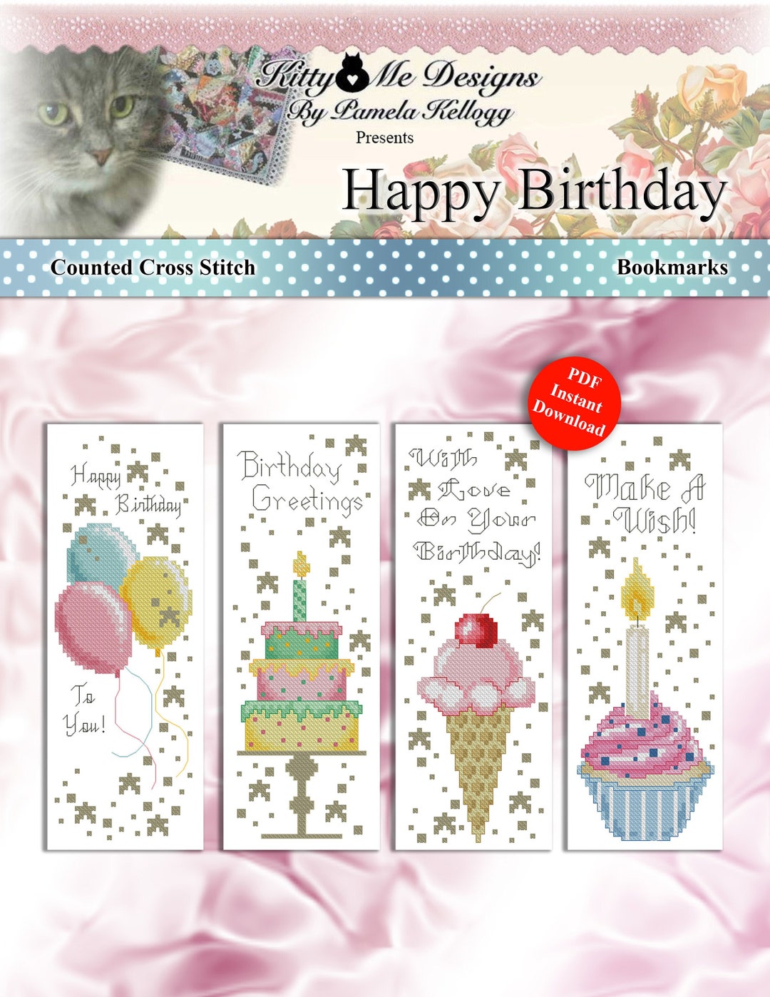 Happy Birthday Bookmarks Counted Cross Stitch Pattern PDF Download by ...