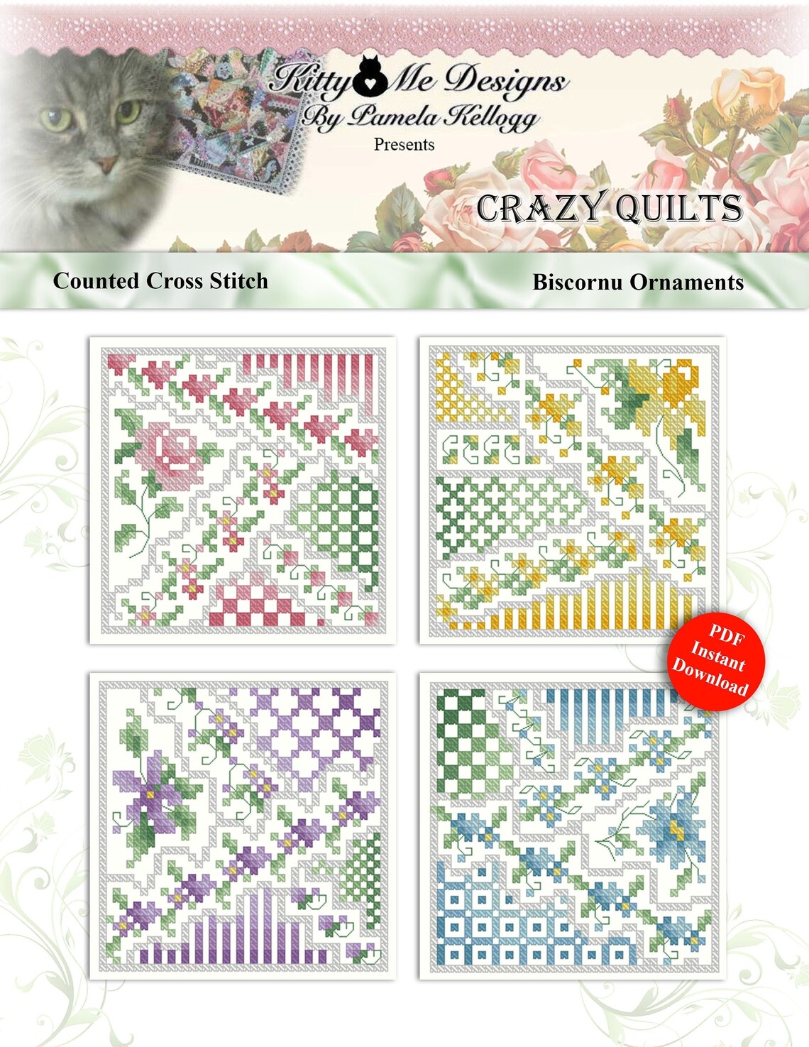 Crazy Quilt Biscornu Pincushion Ornaments Counted Cross Stitch - Etsy
