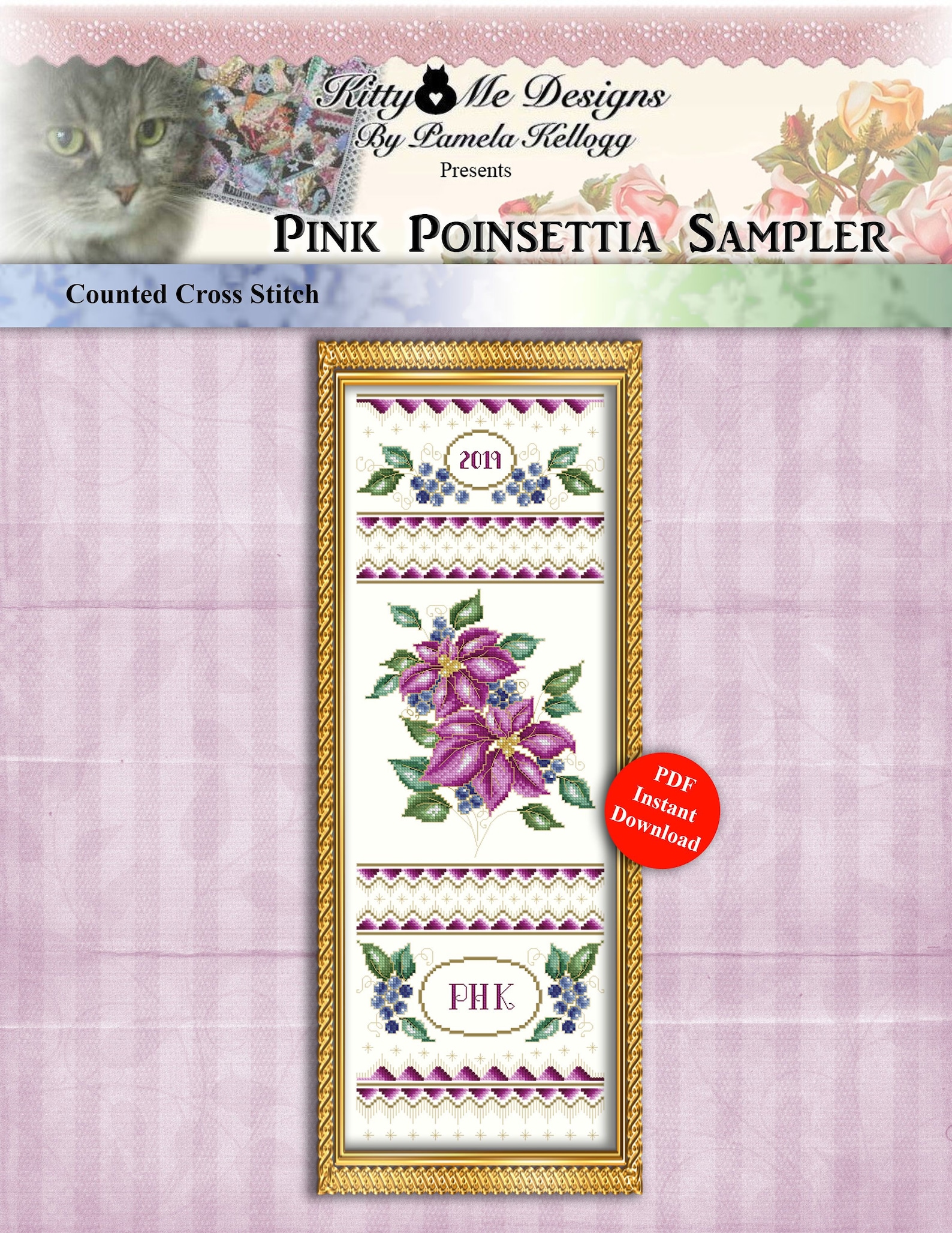 Cross Stitch Christmas Poinsettia Band Sampler Pattern Instant Digital ...