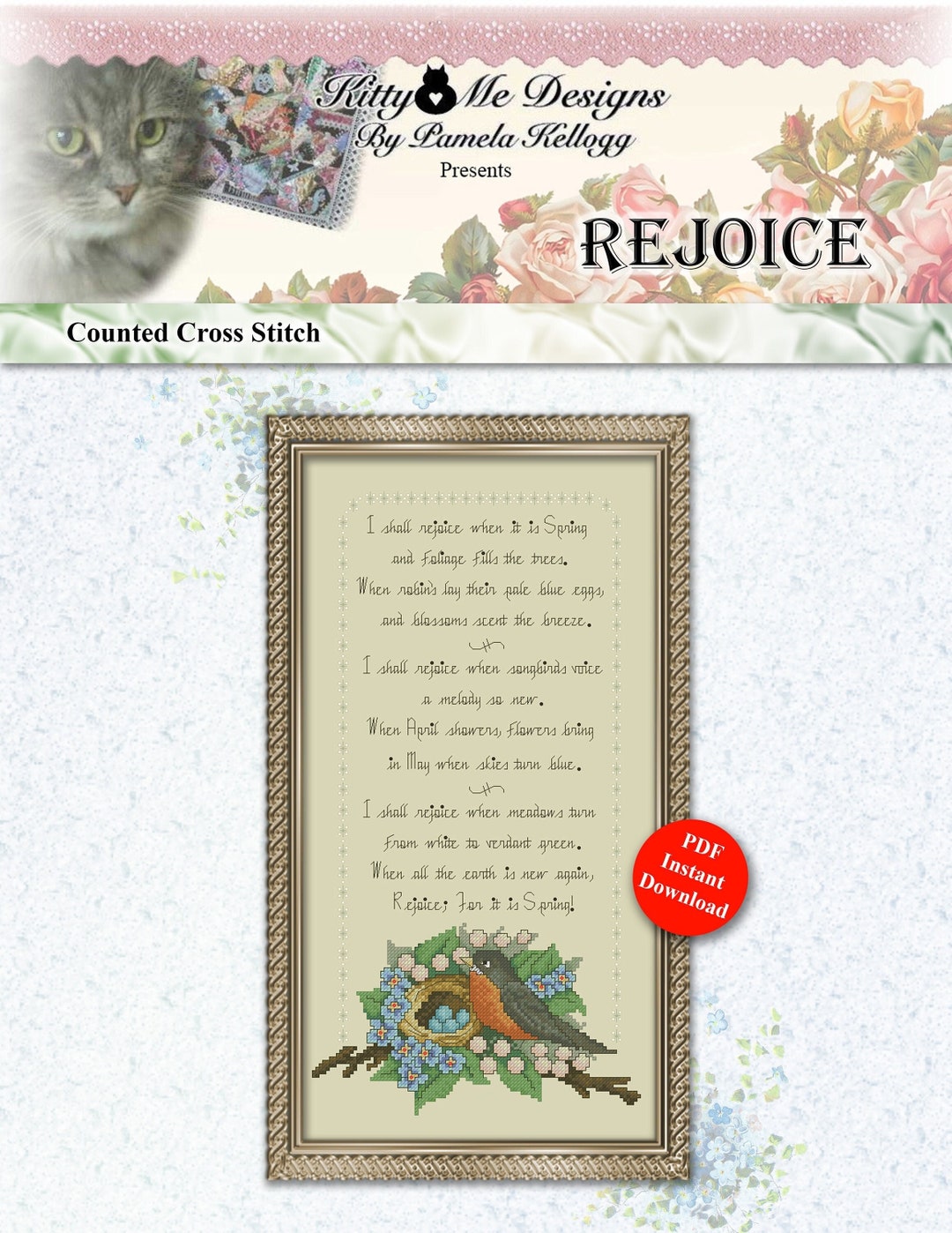 Rejoice Poem Spring Robin Counted Cross Stitch Pattern Instant Digital ...
