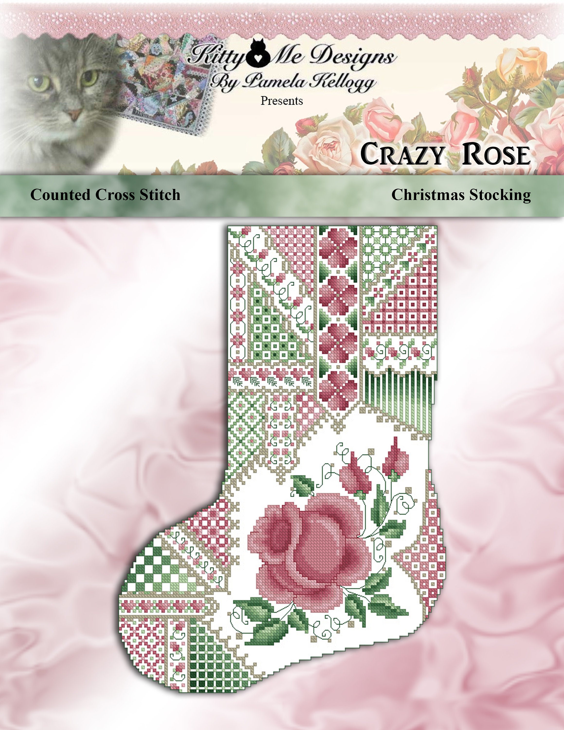 Cross Stitch Christmas Stocking Crazy Rose Pattern Printed Leaflet by ...